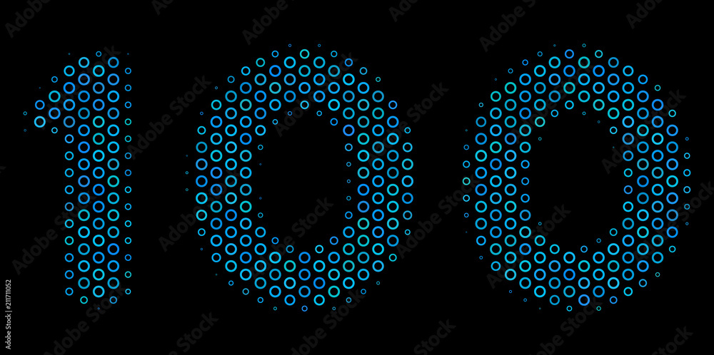 Halftone 100 text collage icon of spheres in blue color tones on a ...
