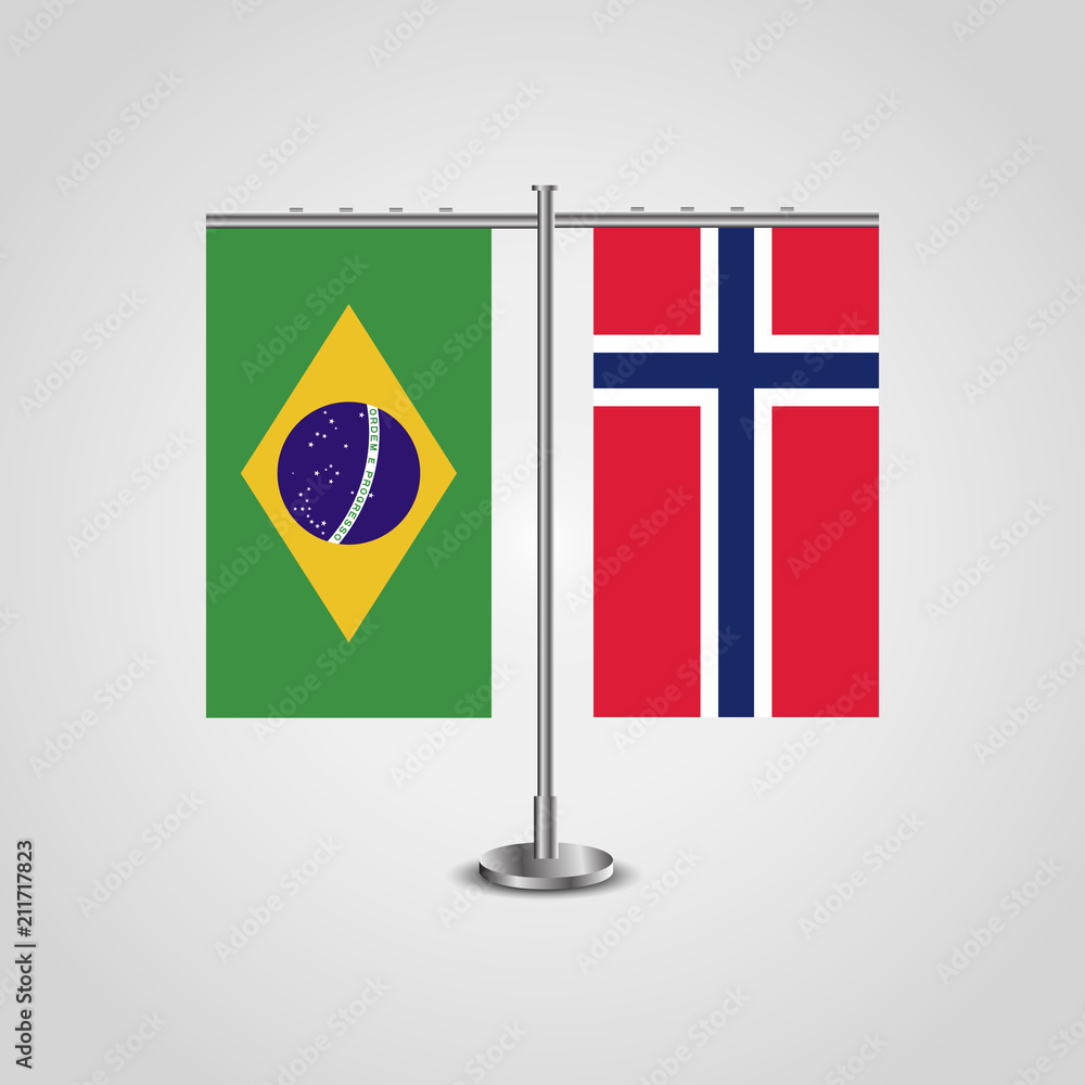 Table stand with flags of Brazil and Jan Mayen.Two flag. Flag pole ...