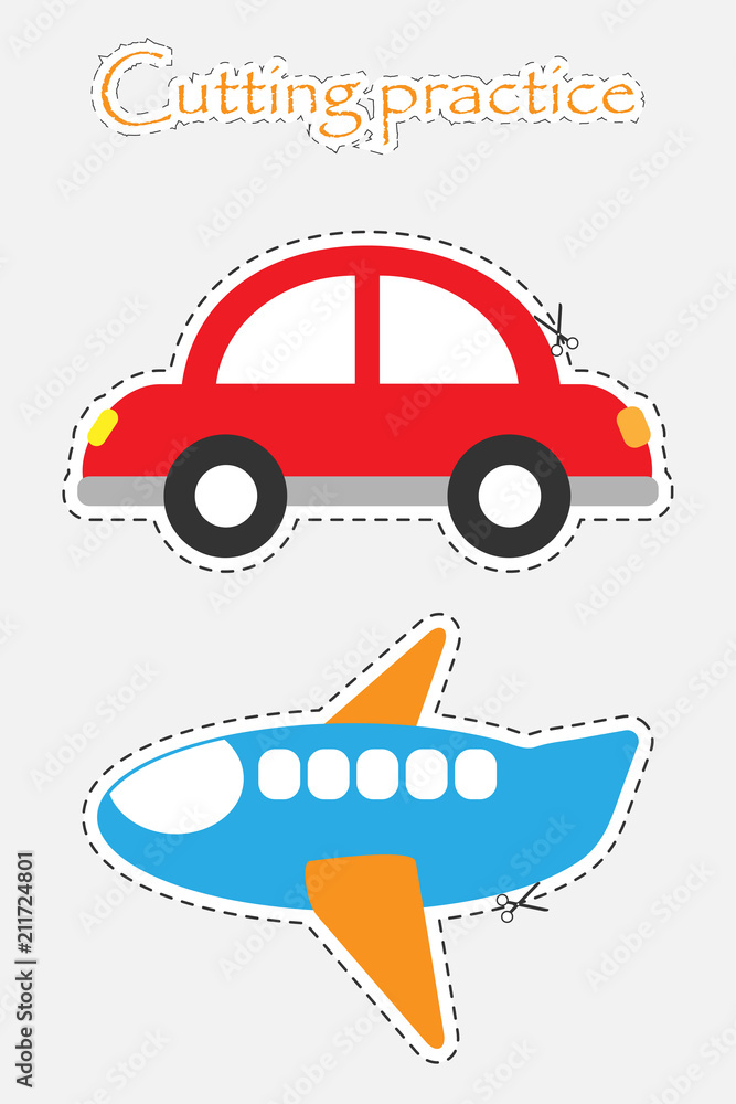 Car and plane in cartoon style, cutting practice, education game for ...