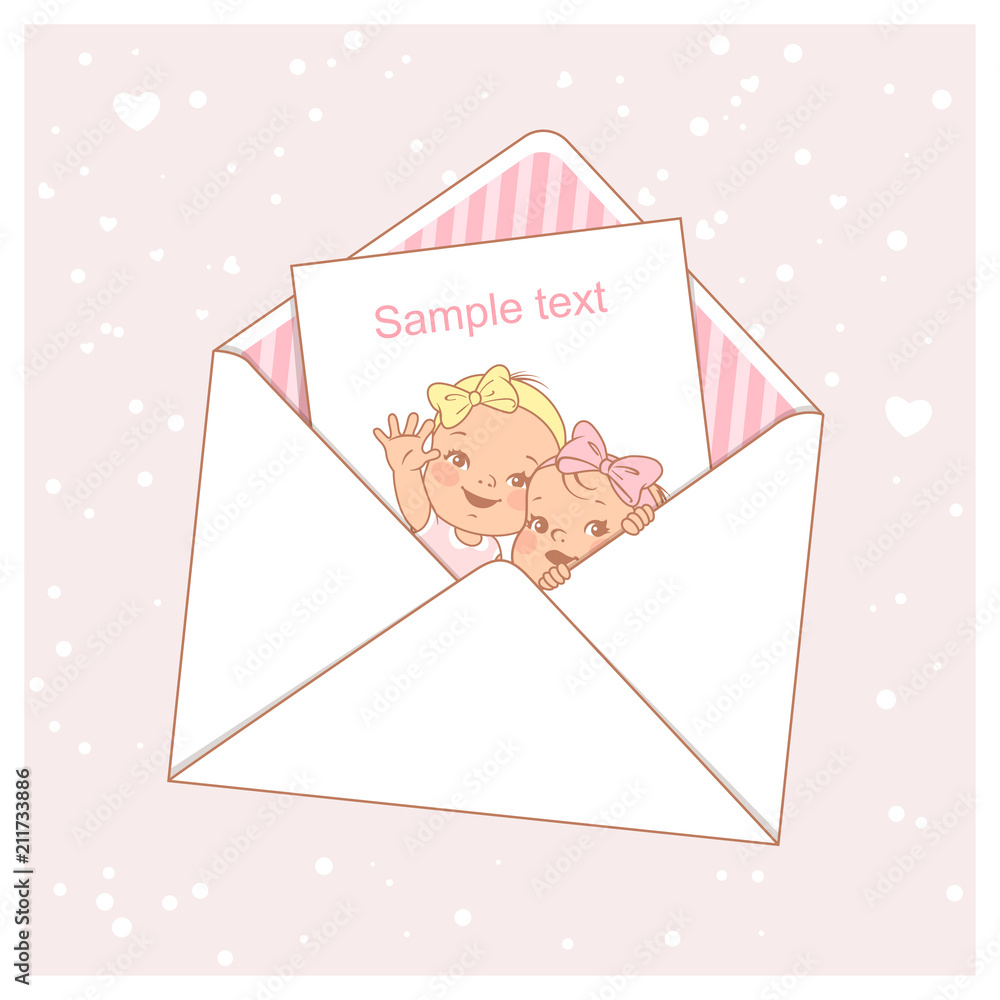 Twin baby shower card. Cute little twins in envelope. Two girls ...