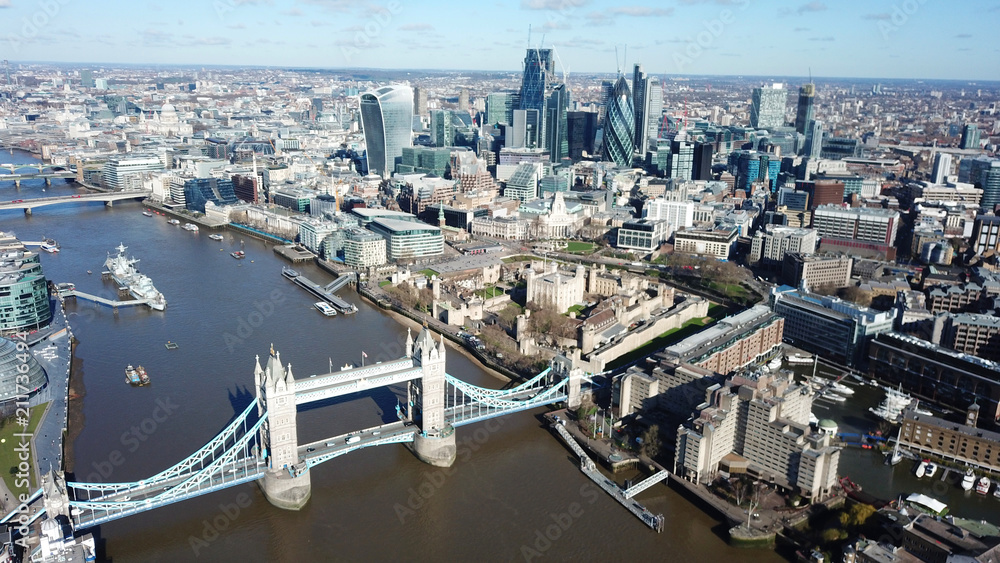 Aerial drone bird's eye view of iconic fortified Tower of London next ...