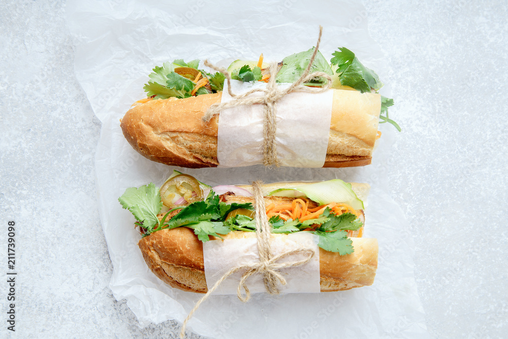 Classical banh-mi sandwich with sliced grilled pork tenderloin ...