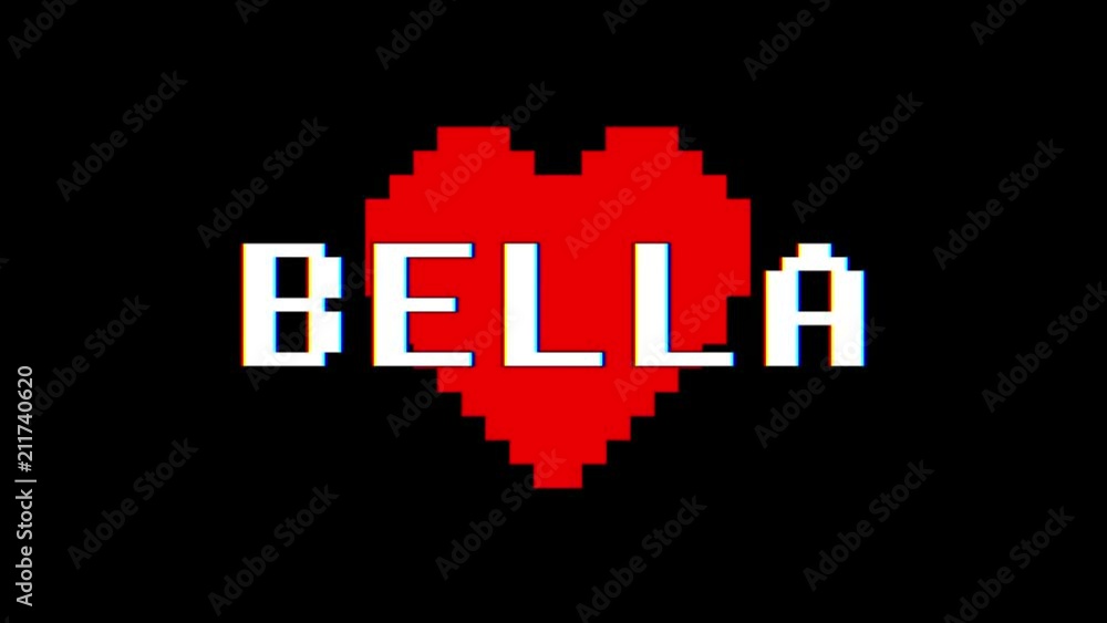 Vidéo Stock pixel heart BELLA word text glitch interference screen ...