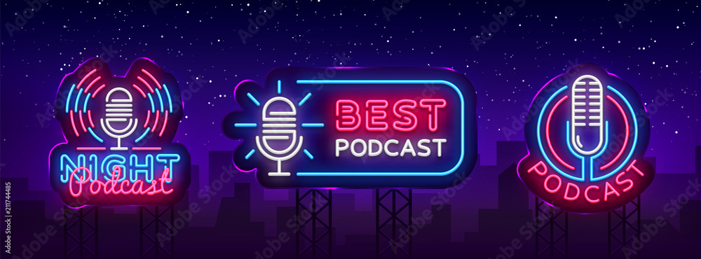 Podcast Neon sign collection vector design template. Podcast neon logo ...