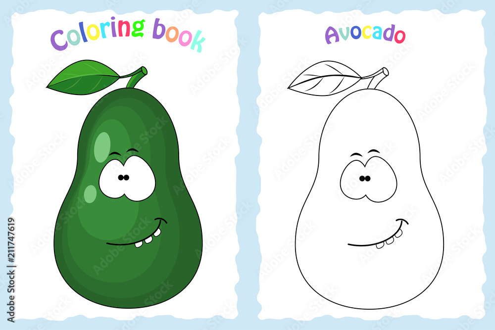 Coloring book page for children with colorful avocado and sketc Stock ...