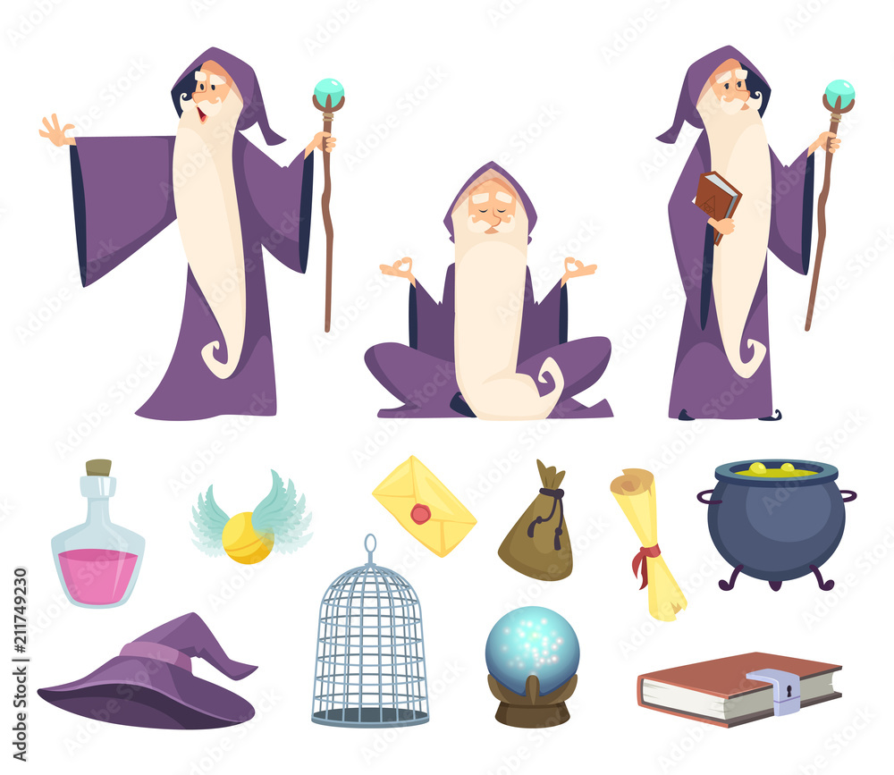 Set of magician tools and male wizard character. Vector pictures ...