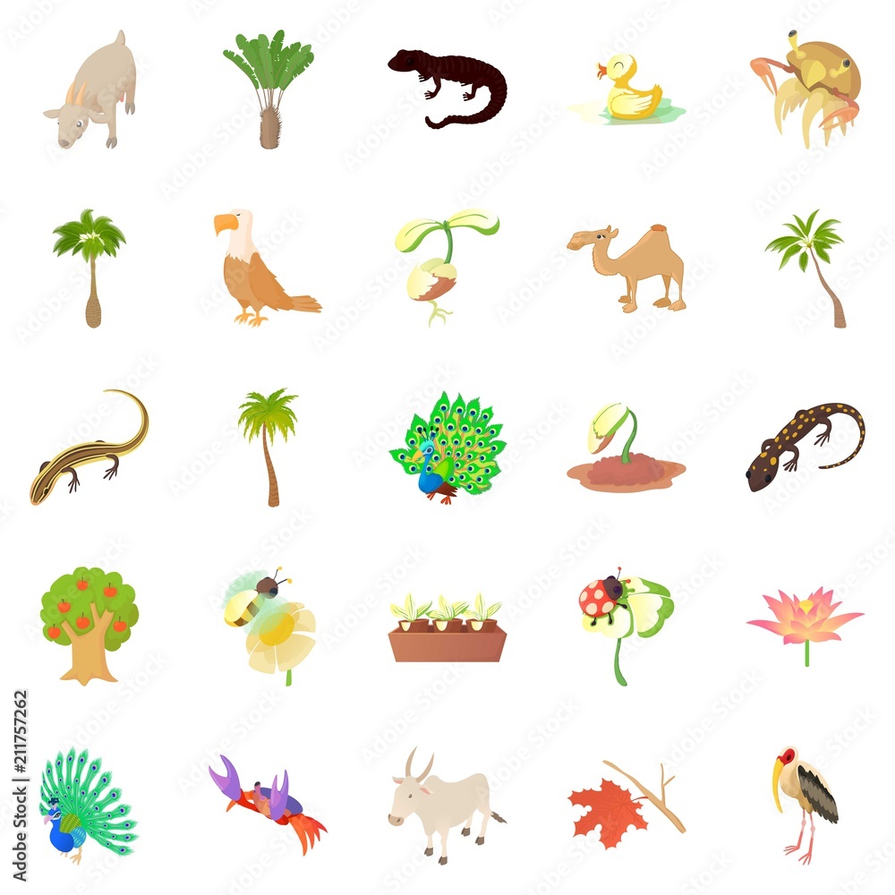 Animals and plants icons set. Cartoon set of 25 animals and plants ...