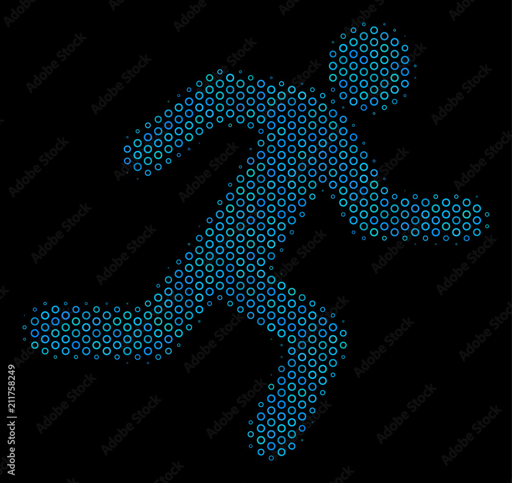 Halftone Running man collage icon of spheres in blue color hues on a ...