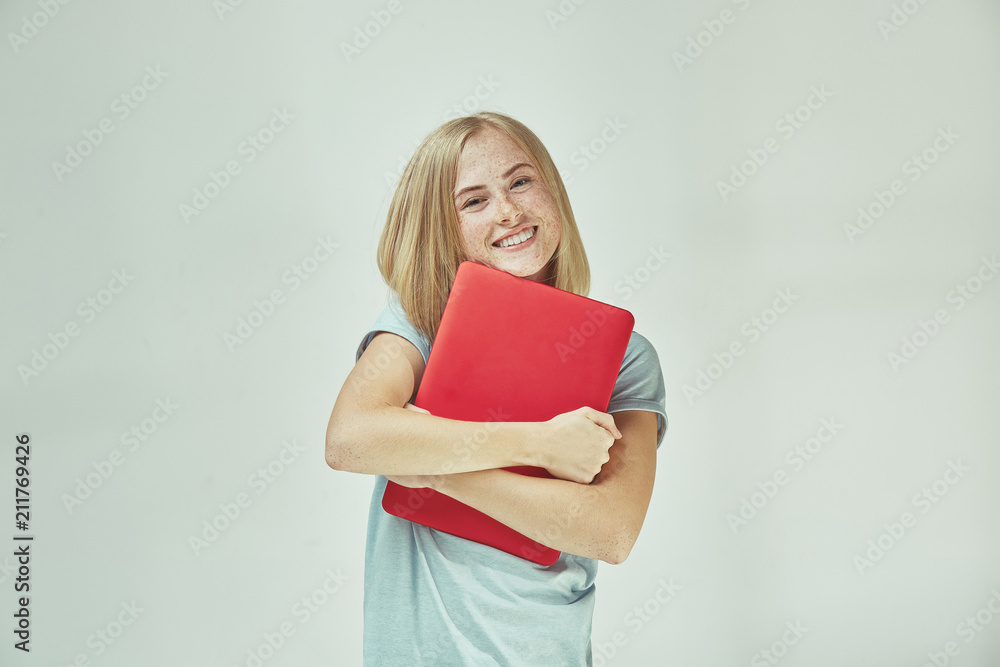 Businesswoman hugging laptop. Love to computer concept. Attractive ...