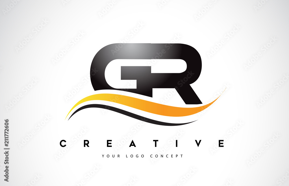 GR G R Swoosh Letter Logo Design with Modern Yellow Swoosh Curved Lines ...