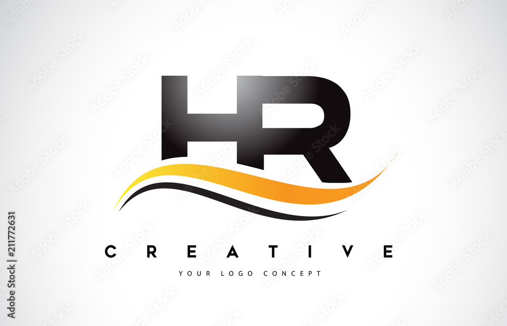 HR H R Swoosh Letter Logo Design with Modern Yellow Swoosh Curved Lines ...