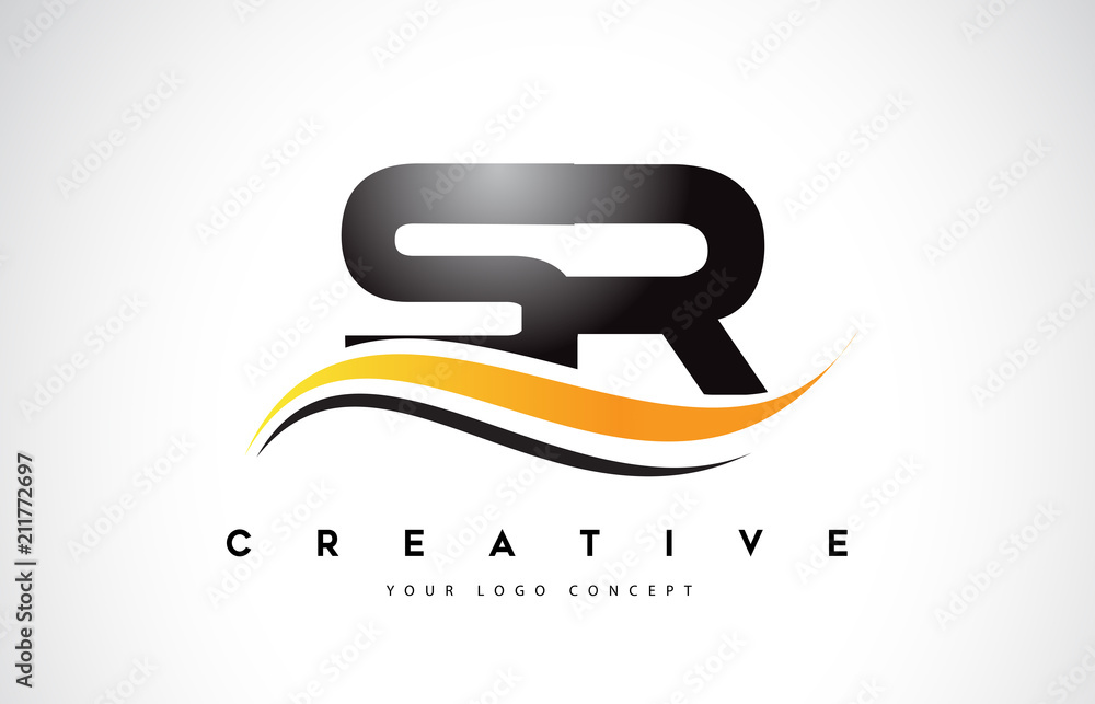 SR S R Swoosh Letter Logo Design with Modern Yellow Swoosh Curved Lines ...