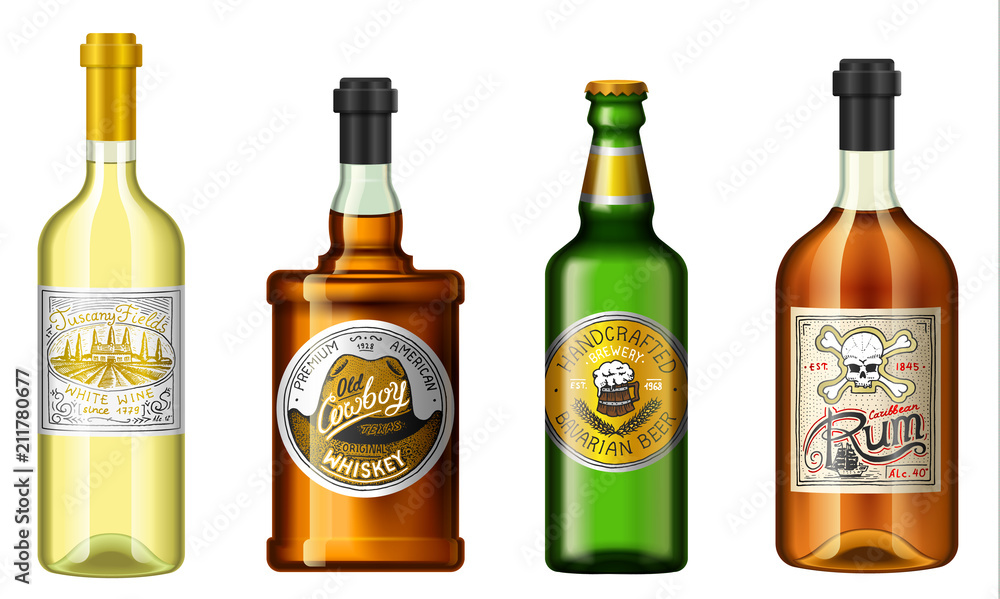 Realistic alcohol drinks in a bottle with different vintage labels ...