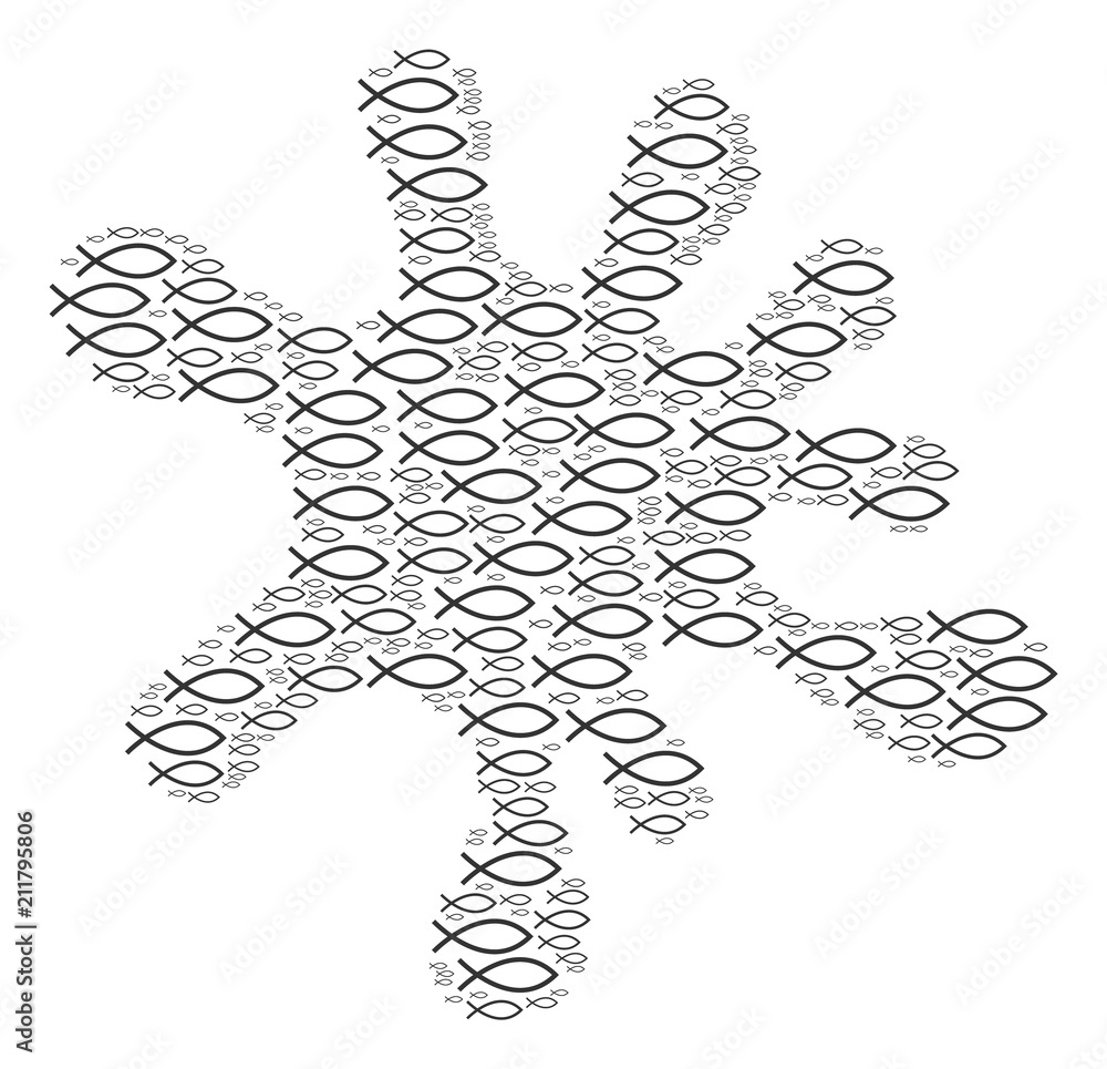 Splash mosaic created of fish symbol items in variable sizes. Abstract ...