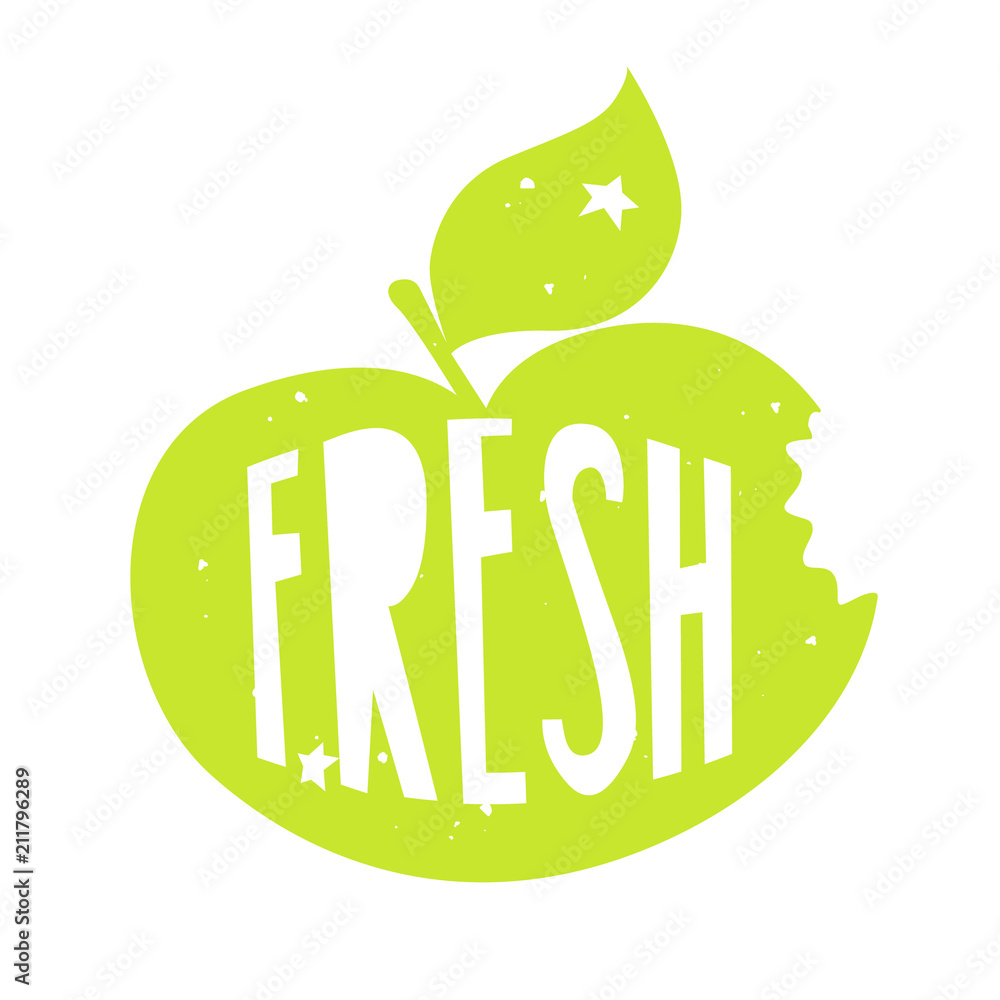 Silhouette of a green apple with lettering text Fresh. Vector color ...