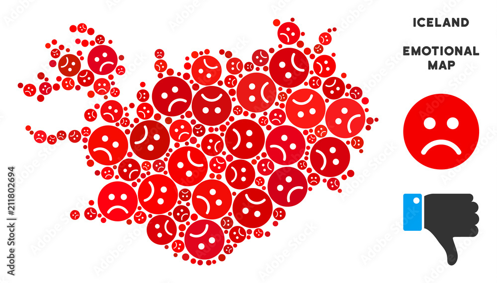 Emotion Iceland map mosaic of sad smileys in red colors. Negative mood ...