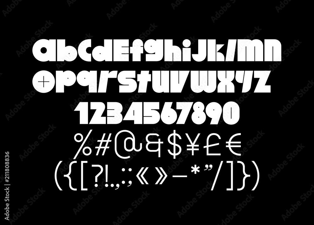 Fat extra bold geometric shape typeface, uppercase, lowercase, letters ...