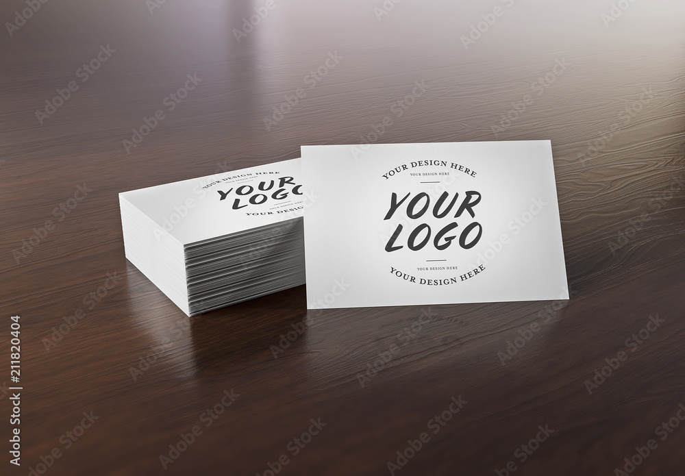 Stack of Business Cards on Wooden Desk Mockup Stock Template | Adobe Stock