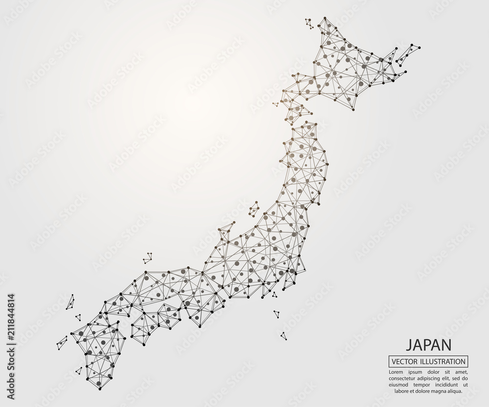 A map of Japan consisting of 3D triangles, lines, points, and ...