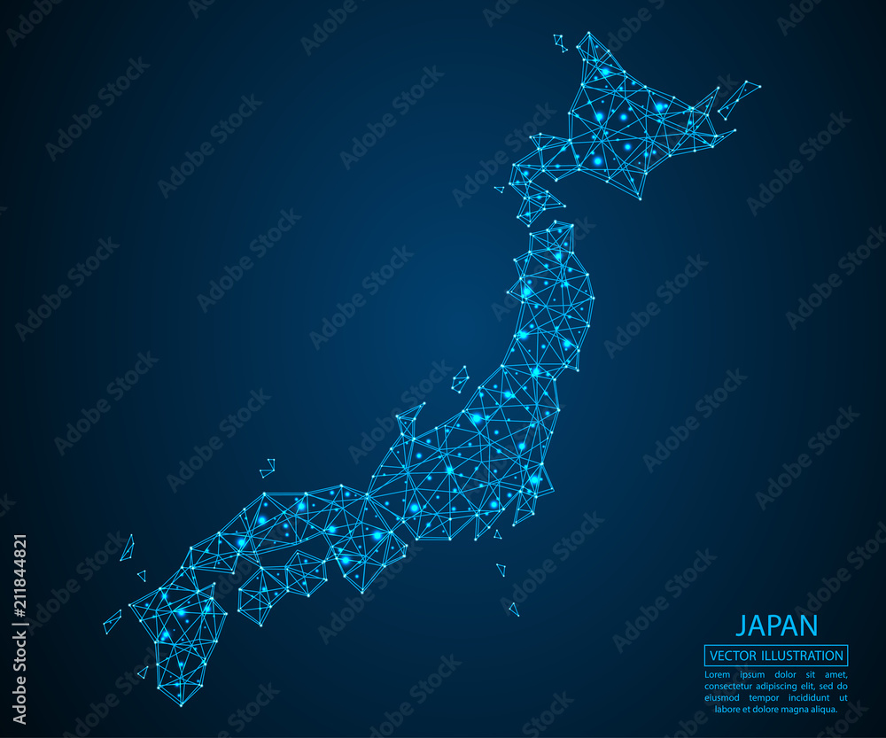 A map of Japan consisting of 3D triangles, lines, points, and ...