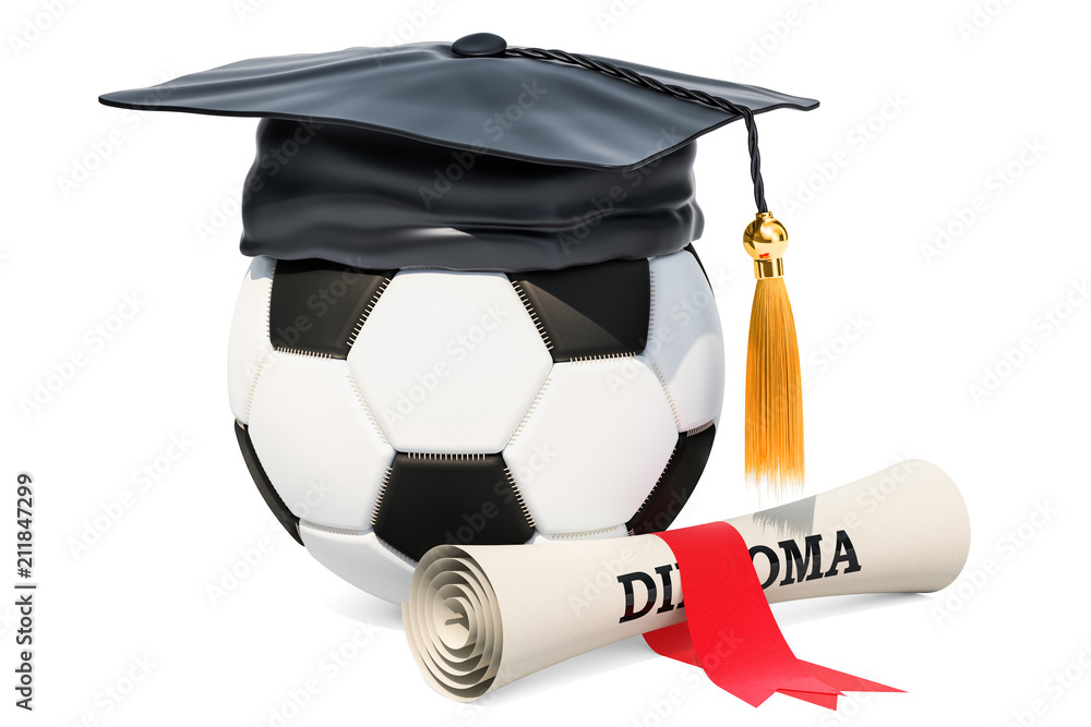 Sports education concept. Soccer ball with graduation cap and diploma ...