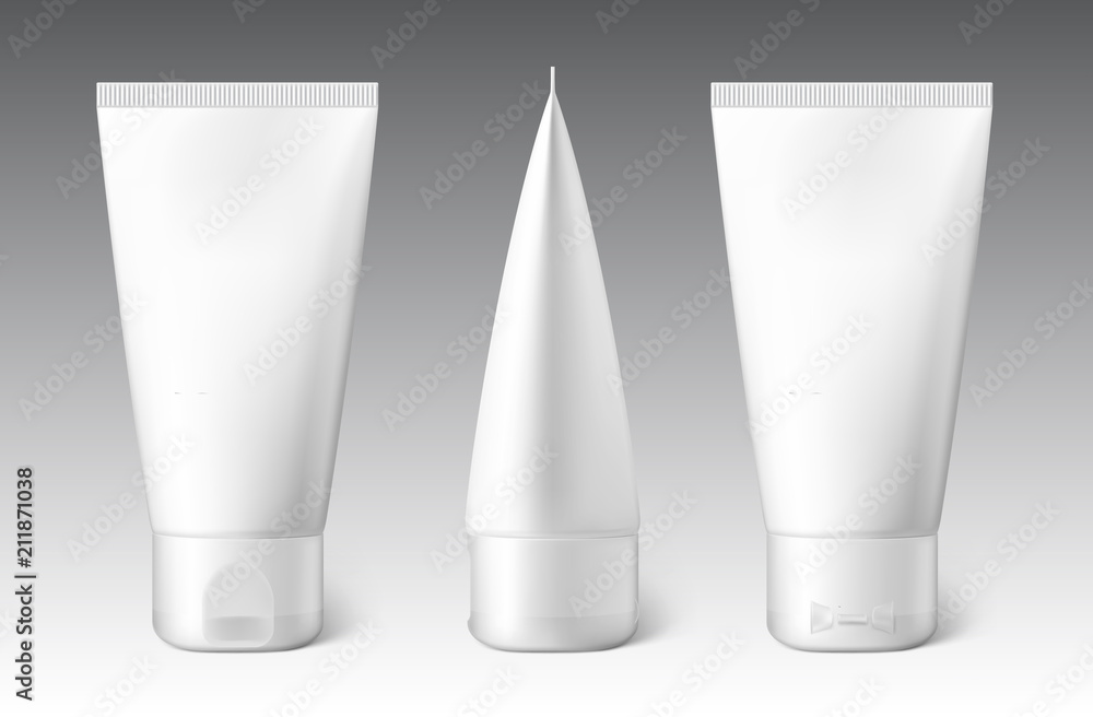 White realistic glossy cosmetic tubes isolated on black background. Can ...