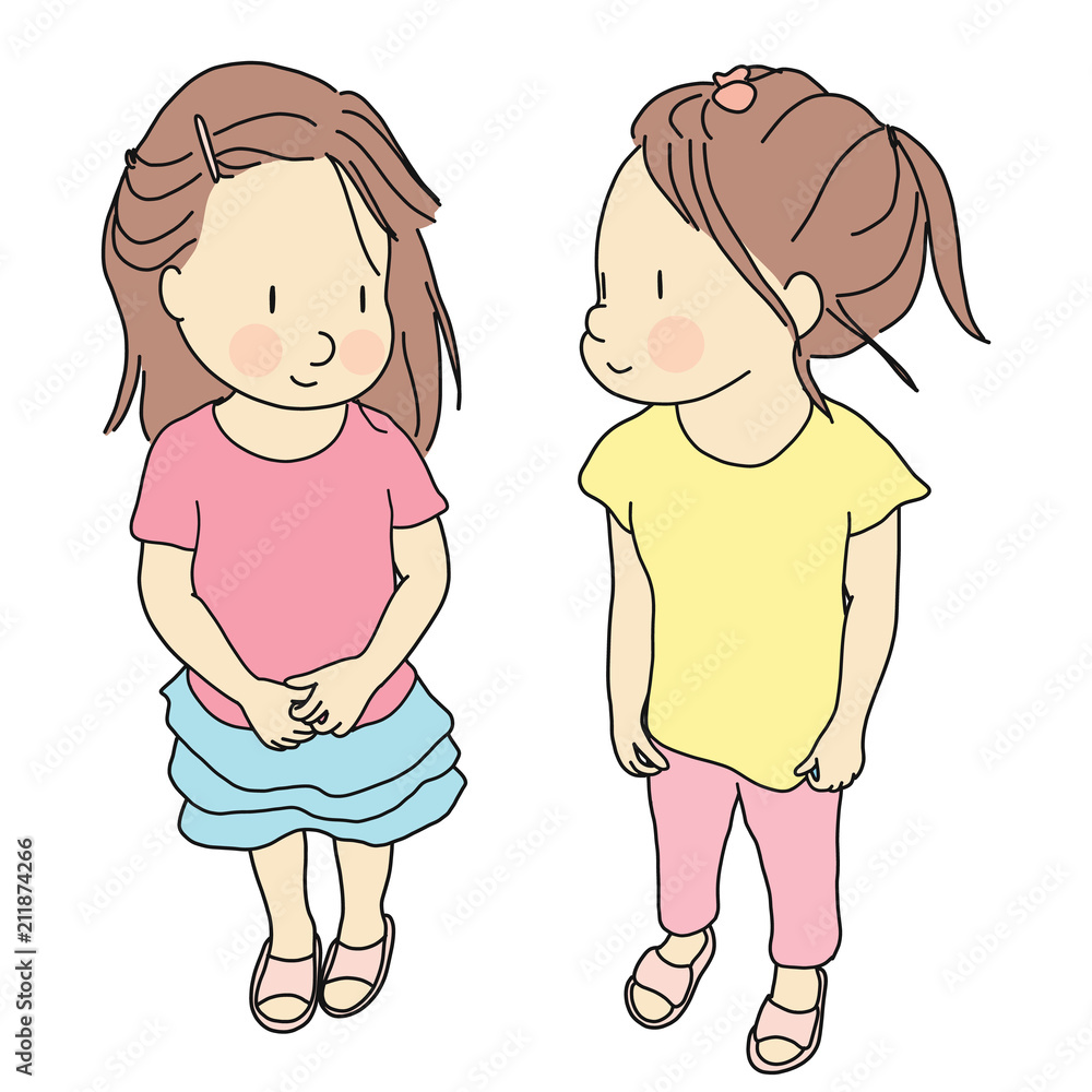 Vector illustration of two kids standing and smiling together. Early ...