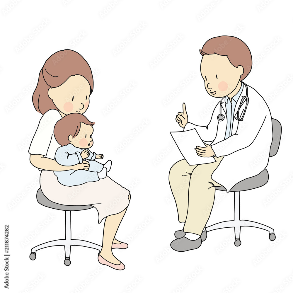 Vector illustration of doctor sitting on chair stool and talking to ...