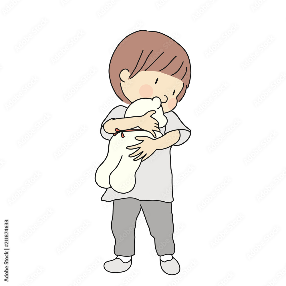 Vector illustration of little kid holding and hugging teddy bear doll ...