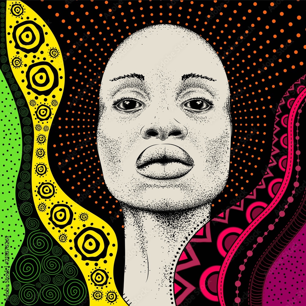 African Girl with African hand draw ethno pattern, tribal background ...