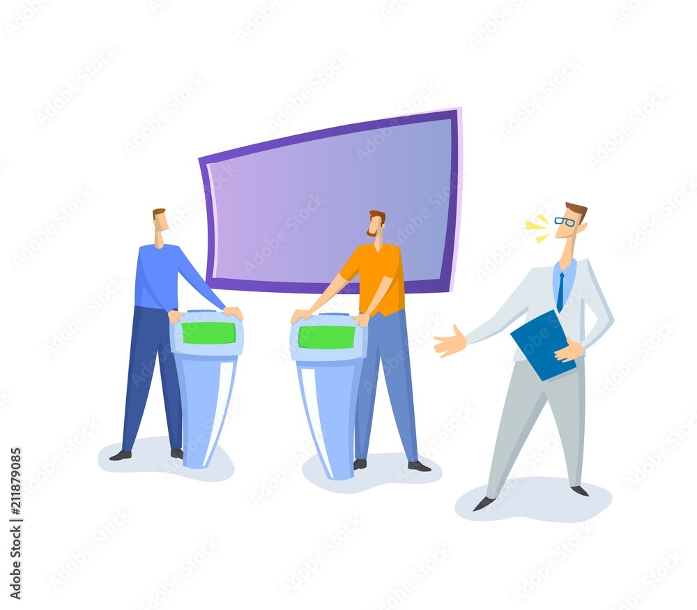 Debate show on TV, guests and host. White studio with screen and stands ...
