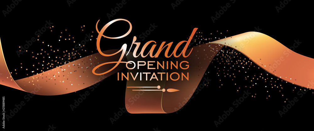 Grand opening invitation banner template with gold ribbon and confetti ...
