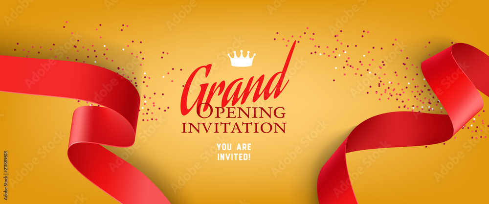 Grand opening invitation design with red ribbons, crown and confetti ...