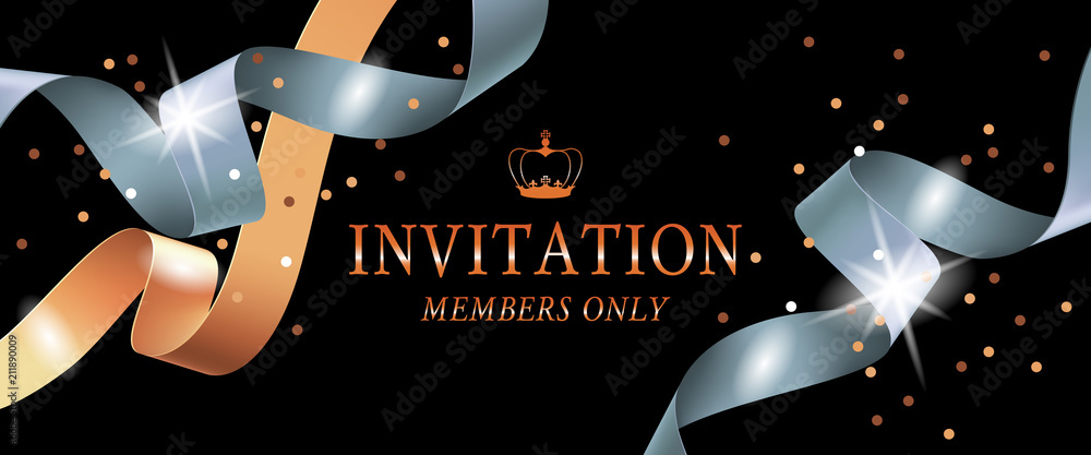 Invitation members only banner design. Black flyer with confetti and ...