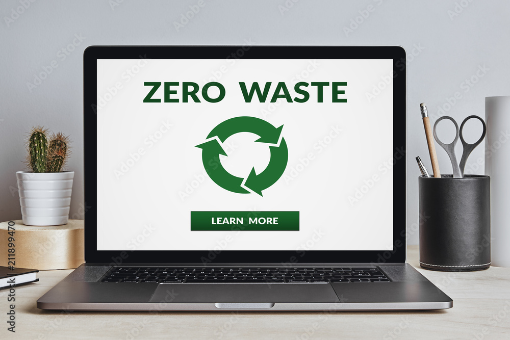 Zero waste concept on laptop screen on modern desk. All screen content ...