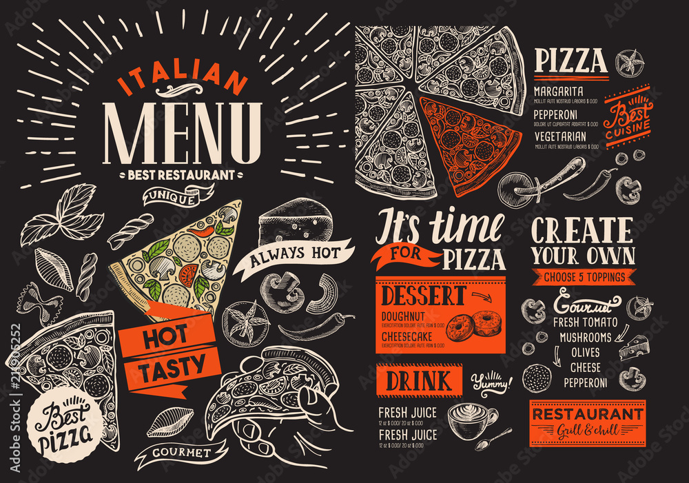 Pizza restaurant menu. Vector food flyer for bar and cafe on chalkboard ...