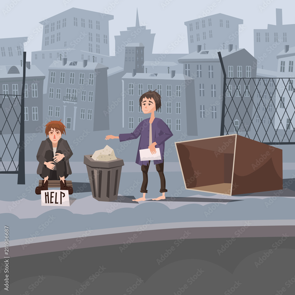 Homeless children asking for help, background cityscape, vector ...