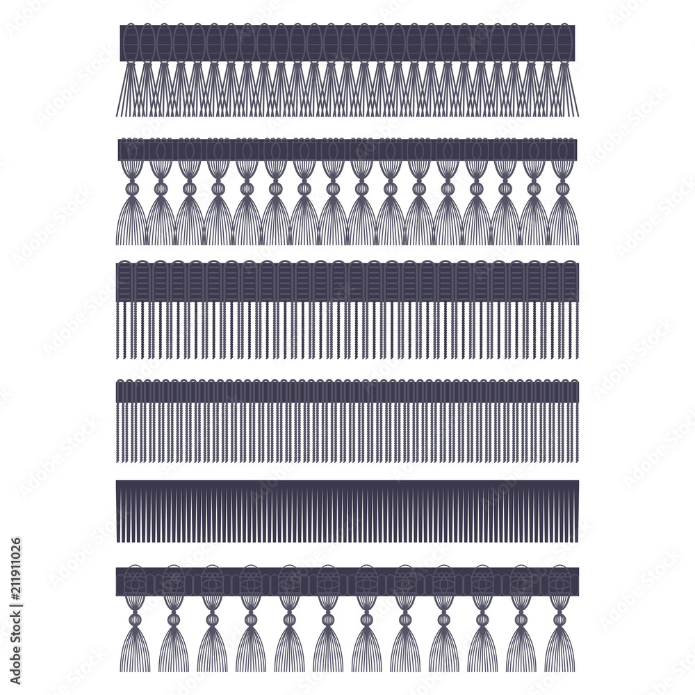 Fringe edge with brush and tassel trim vector flat set of seamless ...