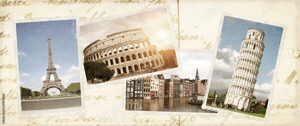 Vintage travel background with retro photos of european landmarks Stock ...