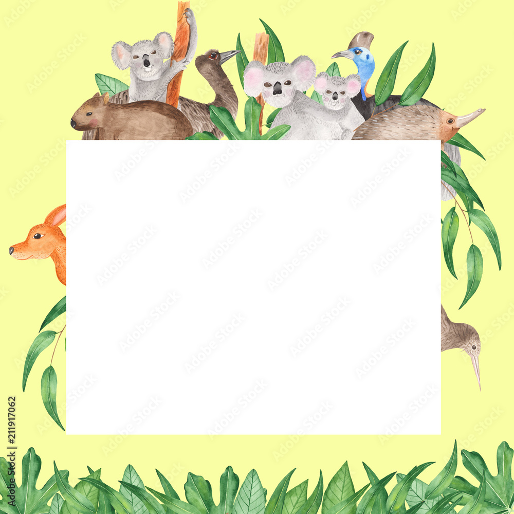 Watercolor card with Australian animals. A sweet invitation to a ...