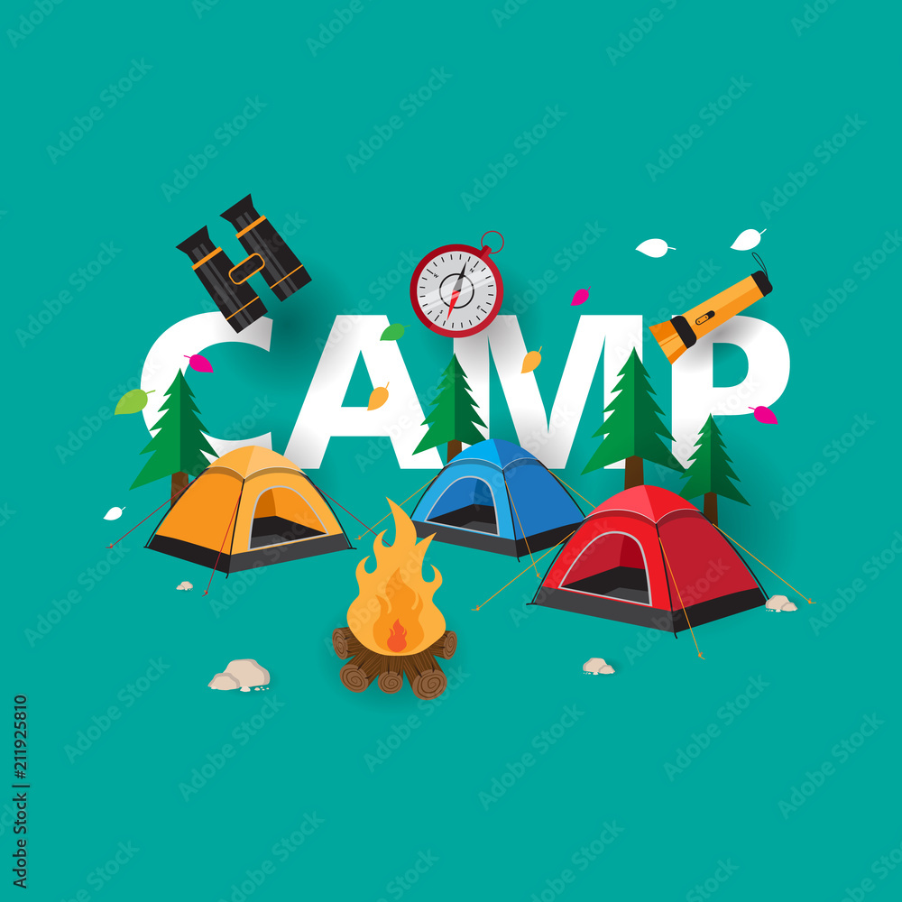 camping background with green and camp, camp fire, for print, poster ...
