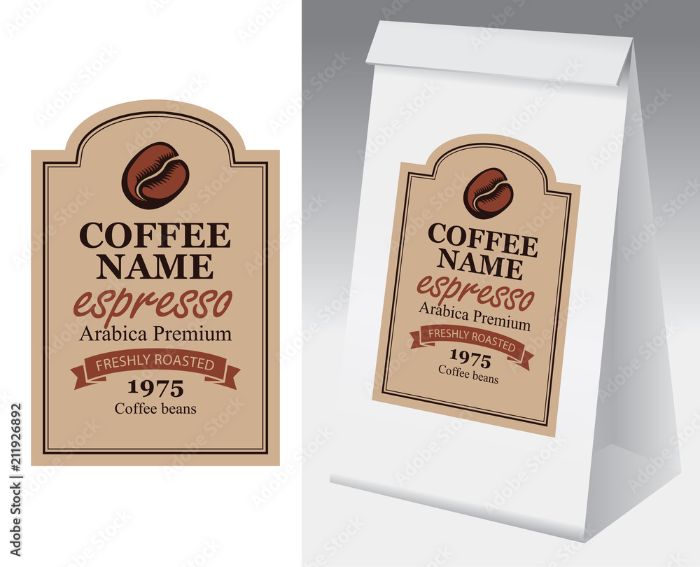 Paper packaging with label for coffee beans. Vector label for coffee in ...