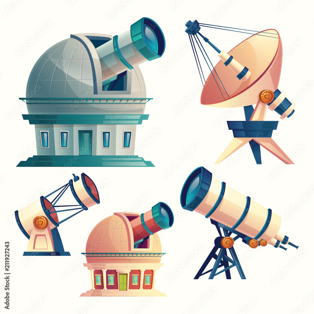 Vector cartoon set with astronomical telescopes, observatories ...