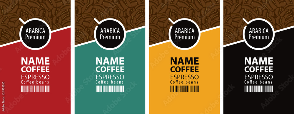 Vector set of four coffee bean labels. Coffee labels with coffee Cup ...
