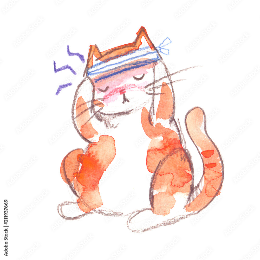 Cute red cartoon cat with headache adjusting a bandage. Illustration ...