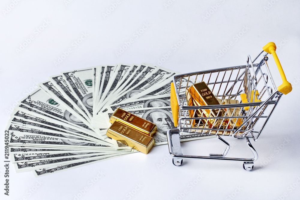 Gold bars in shopping trolley with yellow mark for supermarket and 2 ...