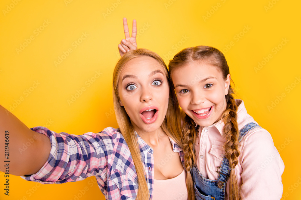 Childish playful mood concept! Close up photo portrait of funny funky ...