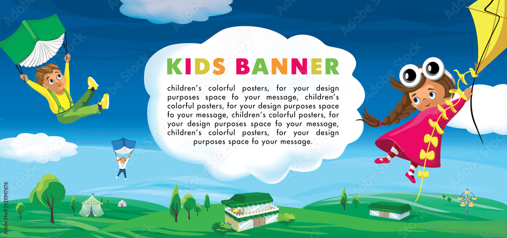 Children's banner. Children's camp, a flight to new adventures, funny ...
