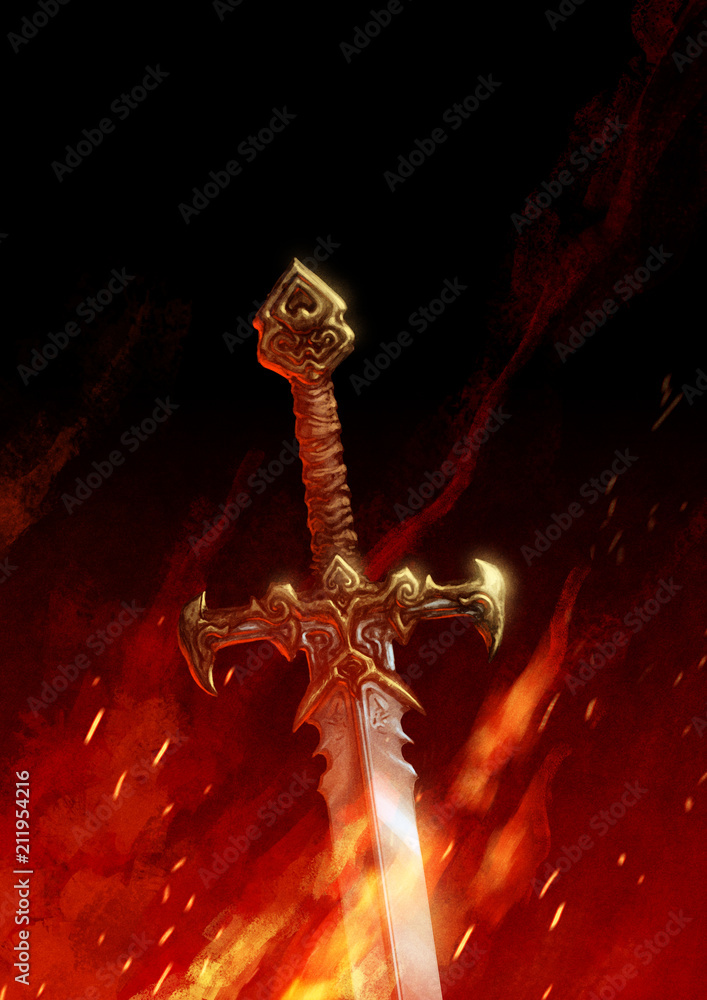 A sword engulfed by flames and darkness Stock Illustration | Adobe Stock