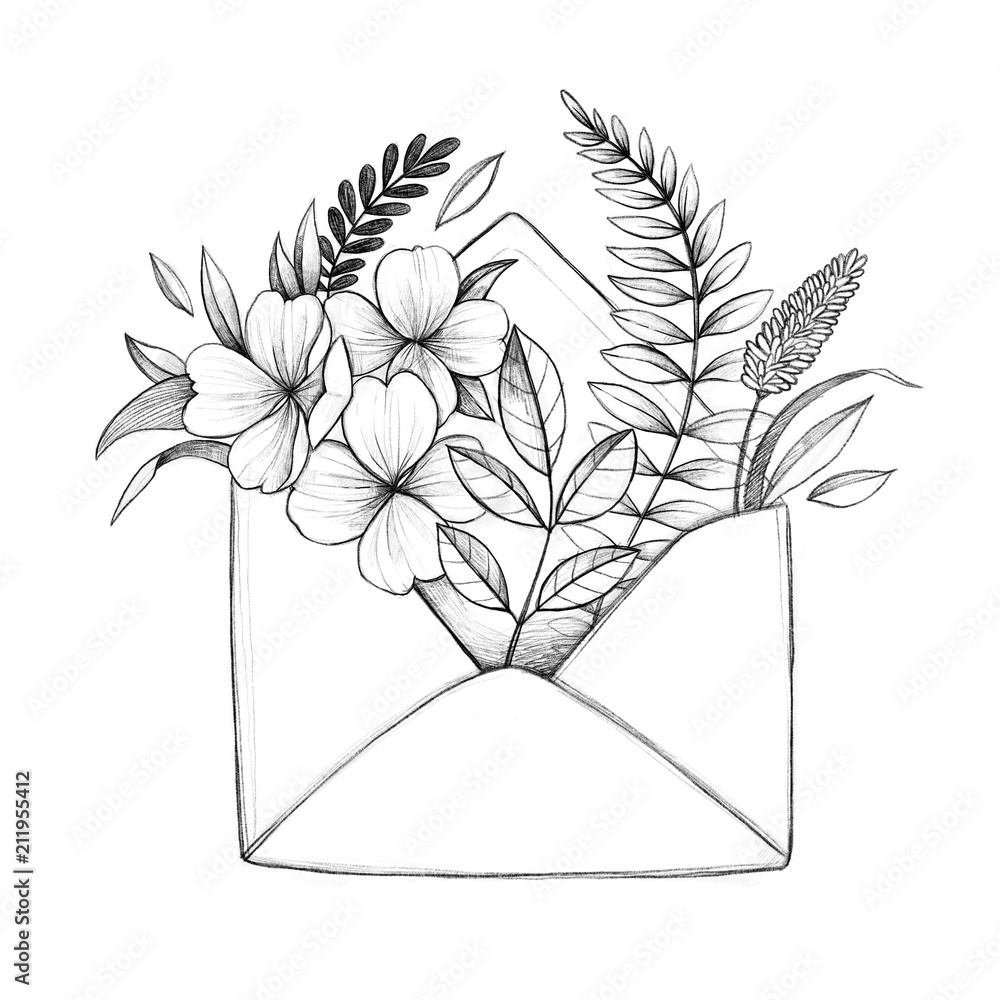 Hand drawn illustration. Envelope with branches, flowers and ferns ...